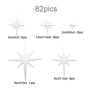 Zonon 82 Pieces Mirror Wall Stickers Removable Star Wall Decals 3D Acrylic Mirror Setting Wall Sticker Christmas Star Decorative Decal for Home Wall Living Room Bedroom Decor(Silver)