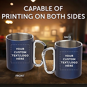 Custom Stainless Steel Mugs with Carabiner Handle 10 oz. Set of 10, Personalized Bulk Pack - Perfect for Coffee, Soda, Other Hot & Cold Beverages - Navy Blue