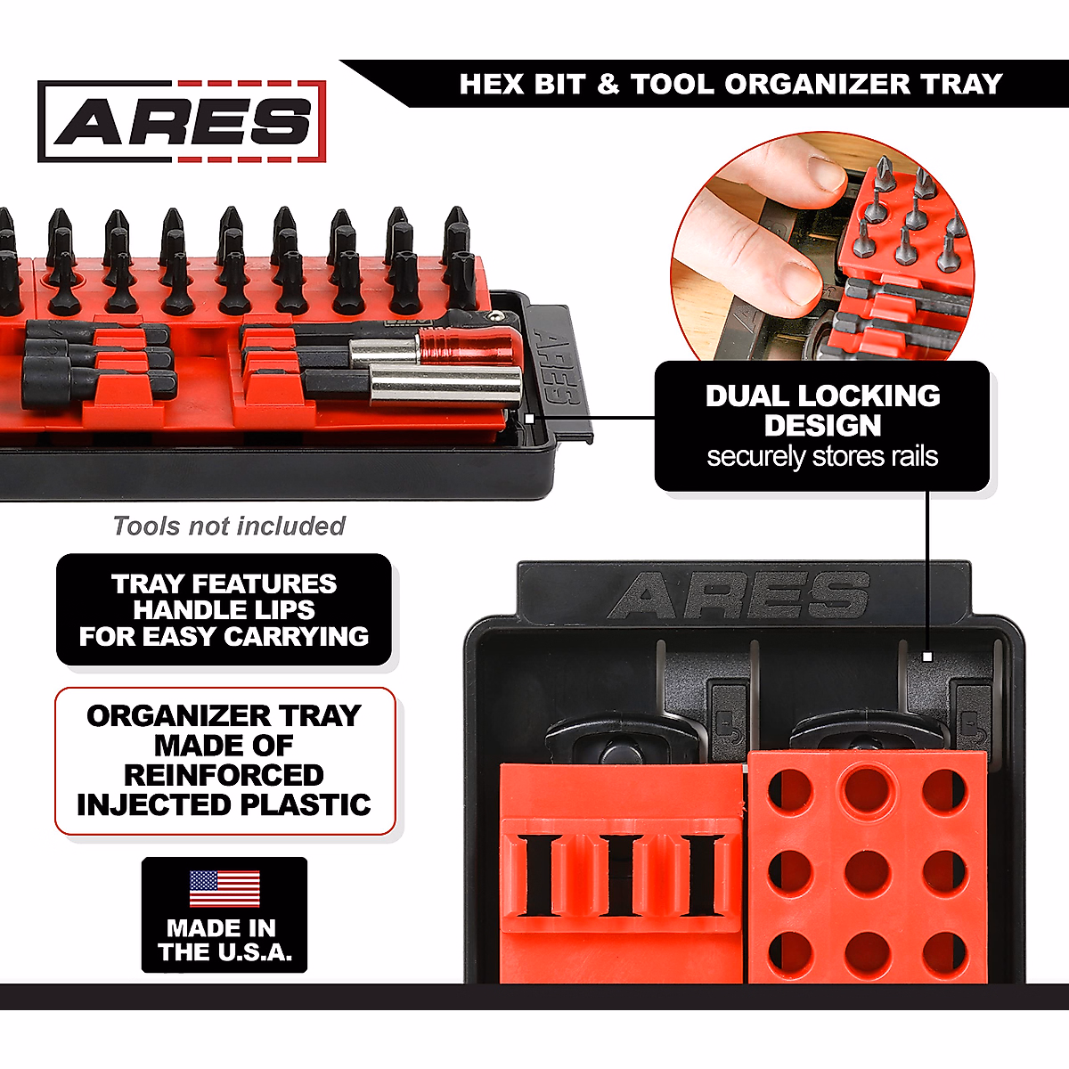 ARES 62052 – Hex Bit and Tool Organizer Tray – Large Capacity Organizer Holds Hex Bits, Drill Bits, Extensions, Adapters, and More – Oil and Solvent Resistant Material - Made in USA