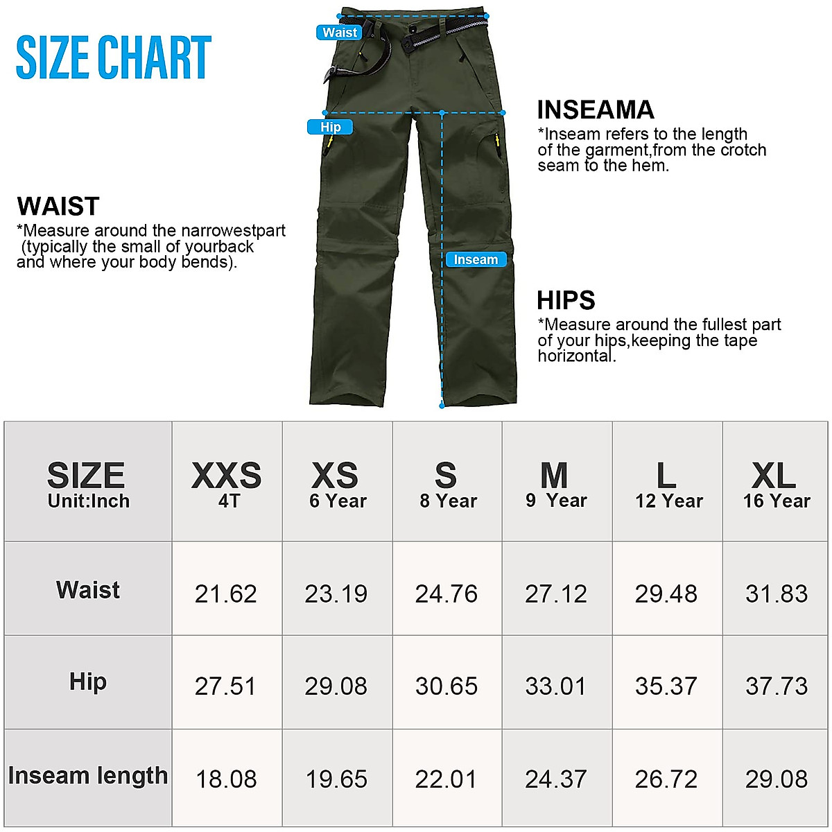 Asfixiado Boys Cargo Pants, Kids Youth Girls Athletic Outdoor Quick Dry Waterproof UPF 50+ Hiking Climbing Convertible Trousers #9017 Army Green-S