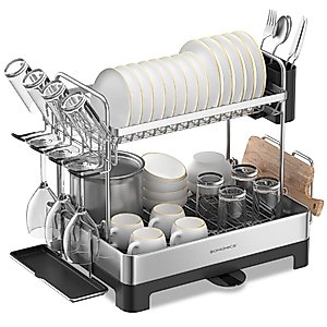SONGMICS Dish Drying Rack - 2 Tier Dish Rack for Kitchen Counter with Rotatable and Extendable Drain Spout, Dish Drainer with Utensil, Cup, Glass, Cutting Board Holders, Black UKCS032B01