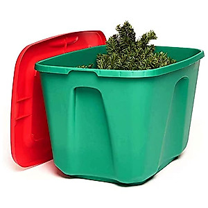 HOMZ 18 Gallon Stackable and Nestable Heavy Duty Plastic Holiday Storage Container with 4 Way Handles for Organizing, Green/Red, (4 Pack)