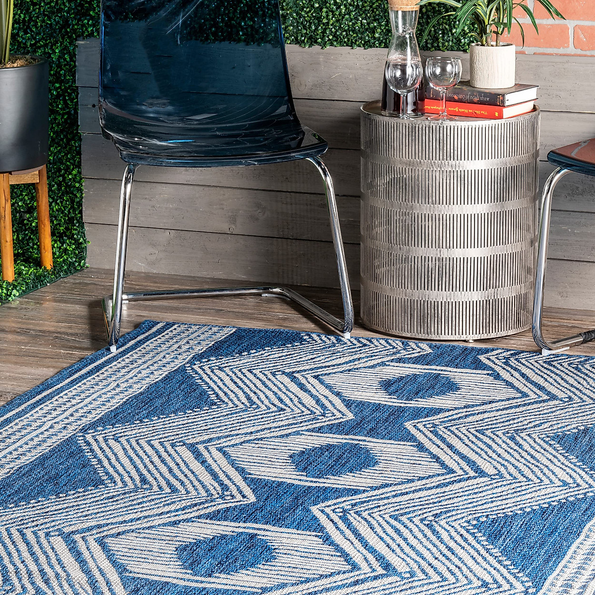 nuLOOM 4x6 Outdoor/Indoor Ranya Tribal Area Rug, Blue, Geometric Design, Stain Resistant, Highly Durable, For Patio, Balcony, Bedroom, Dining Room, Living Room, Bathroom