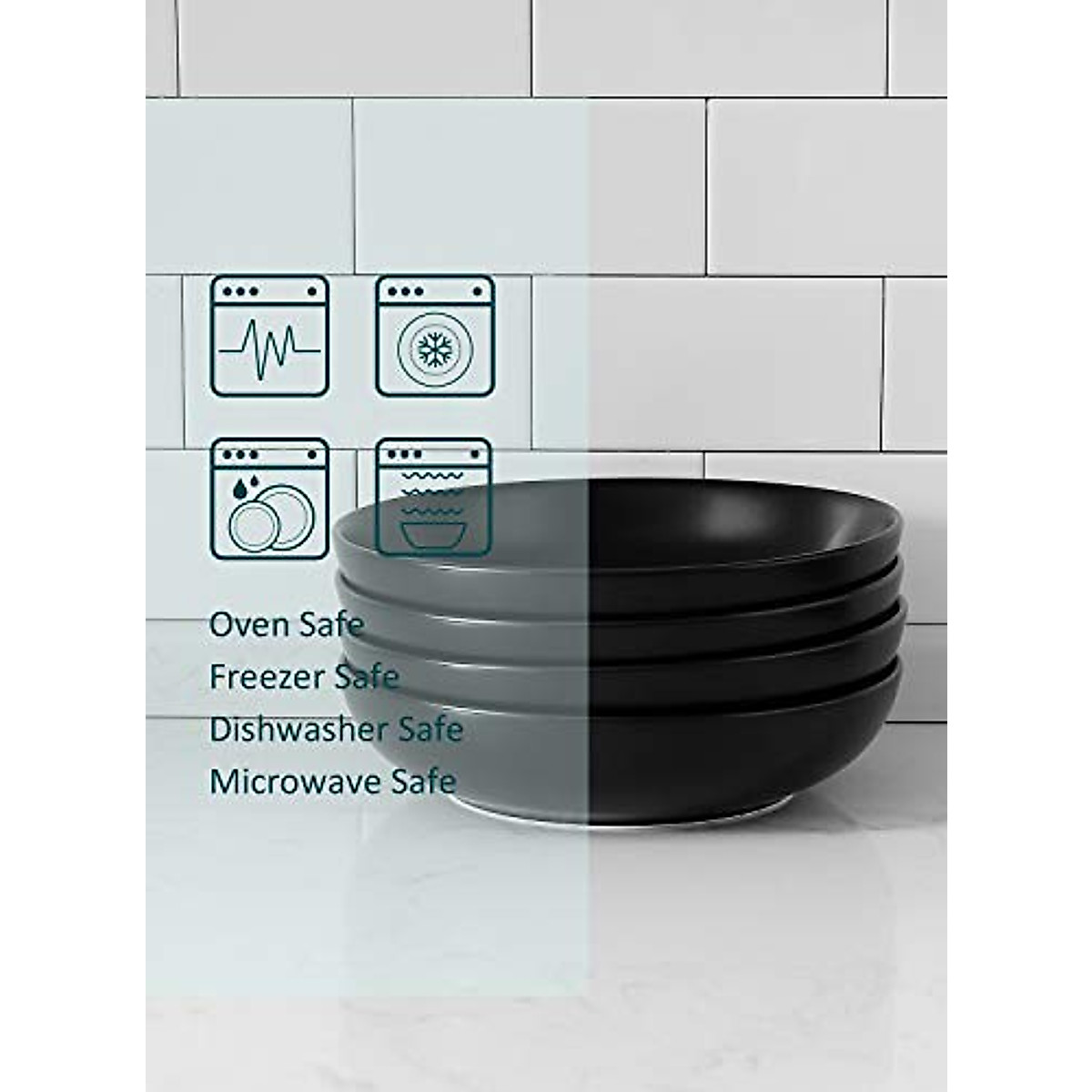 Teocera Pasta Bowls, Large Salad Bowls, Porcelain Bowl Set, Wide and Shallow, Microwave and Dishwasher Safe, 35 Ounce - Set of 4, Matte Black