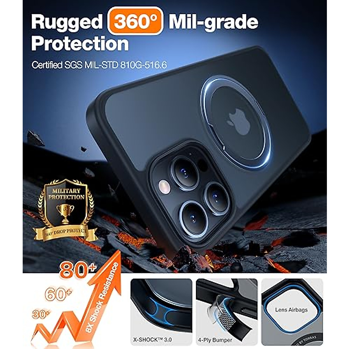 TORRAS 360° Rotatable Magnetic Ring for iPhone 14 Pro Case with Stand [Military-Grade Protection] [Compatatible with MagSafe] Slim Translucent Shockproof Phone Case iPhone 14 Pro, Matte Black