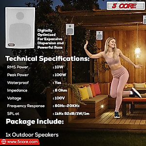 5 CORE Outdoor Speakers Stereo in Wall Speaker 100W Peak Passive Outside Surface Mount Wired Waterproof Patio House Garage Indoor Exterior Audio System Out Door Bocinas Para Casa - 13T WH 1PK