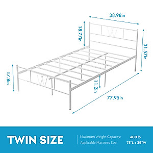 wOod-it Twin Bed Frame with Headboard - 12.8 Inch Metal Platform, Noise-Free Heavy-Duty Steel Slat Mattress Foundation, No Box Spring Required - White