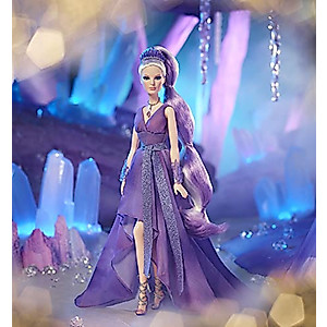 Barbie Crystal Fantasy Collection Amethyst Doll (13-in, Platinum Hair) with Genuine Amethyst Stone Necklace, Wearing Gown and Accessories, Gift for Collectors