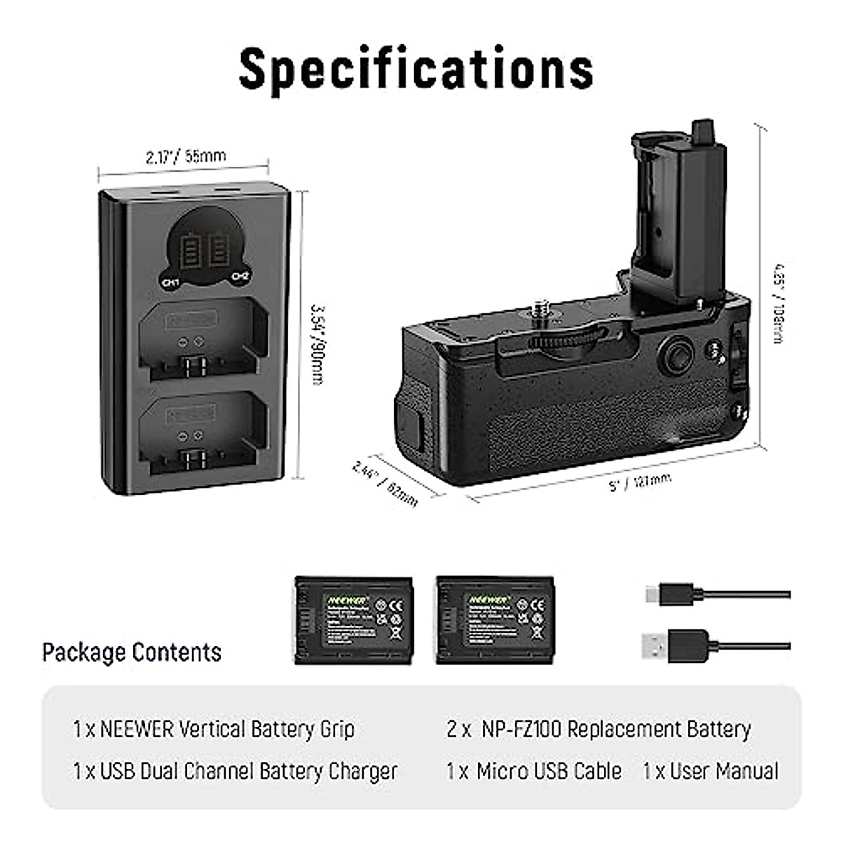 NEEWER Vertical Battery Grip Replacement for VG-C4EM with Two NP-FZ100 Batteries & Charger Kit, Compatible with Sony A7R V A7R IV A9 II A7 IV A7S III A1, BG A7IV