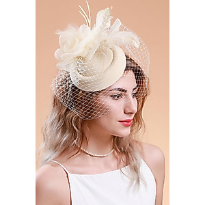 Cizoe Fascinators Hats 20s 50s Hat Pillbox Hat Cocktail FlowerTea Party Headwear with Veil for Girls and Women(Beige)