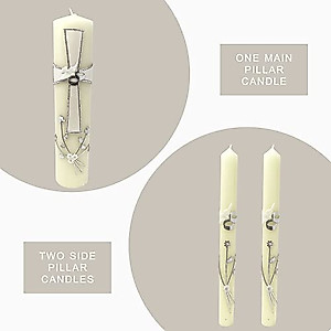 Unity Candle Set for Weddings, Centerpiece Wedding Candles with Silver Tone Accent Cross, Rings and Flowers, Religious Symbolic Marriage Ceremony Decorations, 3 Pack