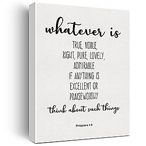 Bible Verse Art Wall Decor Whatever is True Philippians 4:8 Scripture Canvas Painting Prints for Home Dining Room Living Room Wall Decor Framed Artwork Christian Gifts(12x15 Inch)