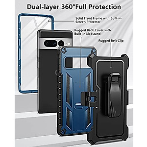 FNTCASE for Google Pixel 7-Pro Phone Case: Rugged Shockproof Protective Holster Clip & Kickstand Case with Built-in Screen Protector | Tough Dual Layer Heavy Duty Protection Cell Phone Cover (Blue)