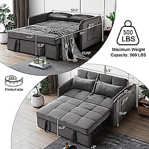 Velvet Pull Out Sleeper Sofa Bed with USB Ports, Convertible Futon Couch with Adjustable Backrest, 3 in 1 Modern Loveseat with 2 Pockets and Pillows, Small Love Seat for Living Room, Office, Dark Grey