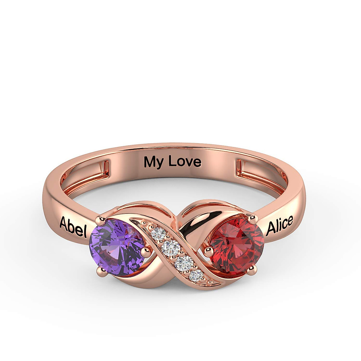 Personalized Infinity Mothers Ring with 2 Round Simulated Birthstones Custom Engraved Engagement Promise Rings for Women (rose gold, 8)