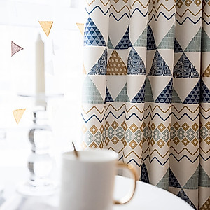 Linen Blackout Window Curtain Triangle Geometric Boho Curtains 96 Inch Long Kids Room Darkening Window Panel Drapes Set for Living, Dining, Bedroom,Diamond Print Window Treatment Drapes ,2 Panels