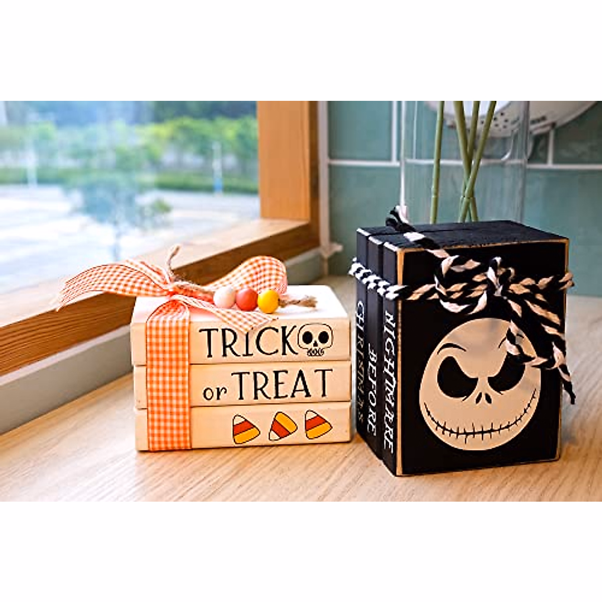 LIVDUCOT Mini Black Halloween Tiered Tray Decor Wood Decorative Book Stack-5x4x3" Rustic Farmhouse Fake Wooden Books for Home Table Decorations Nightmare Before Christmas & This is Halloween Sign