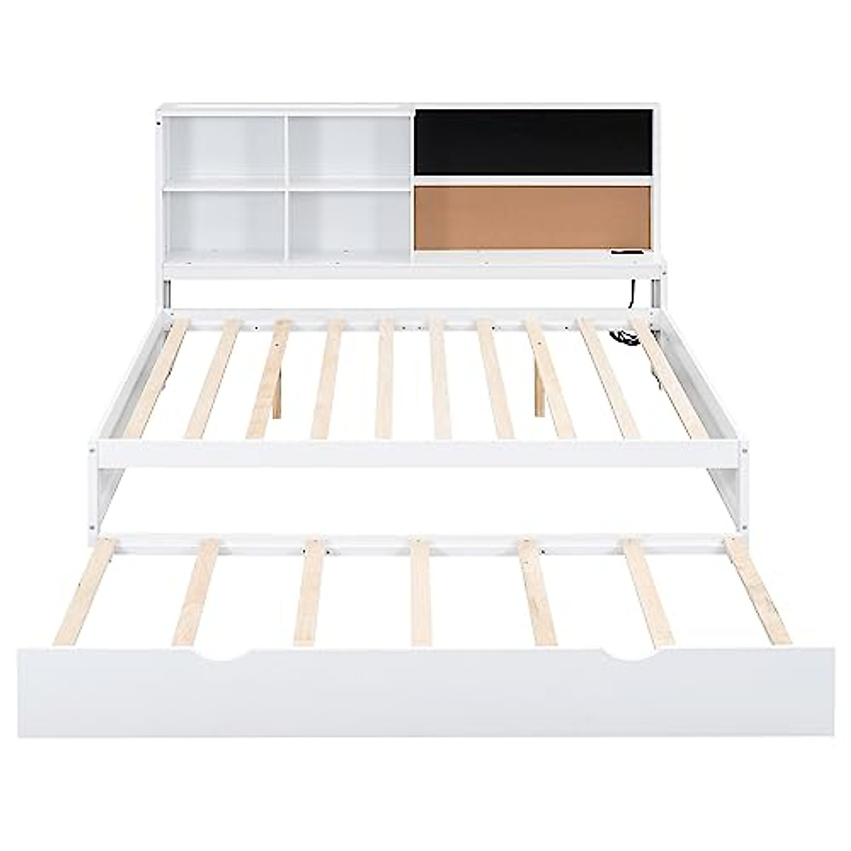 BOVZA Wooden Full Size Daybed with Twin Trundle, USB Ports, Storage Shelves, Blackboard, Cork Board, White