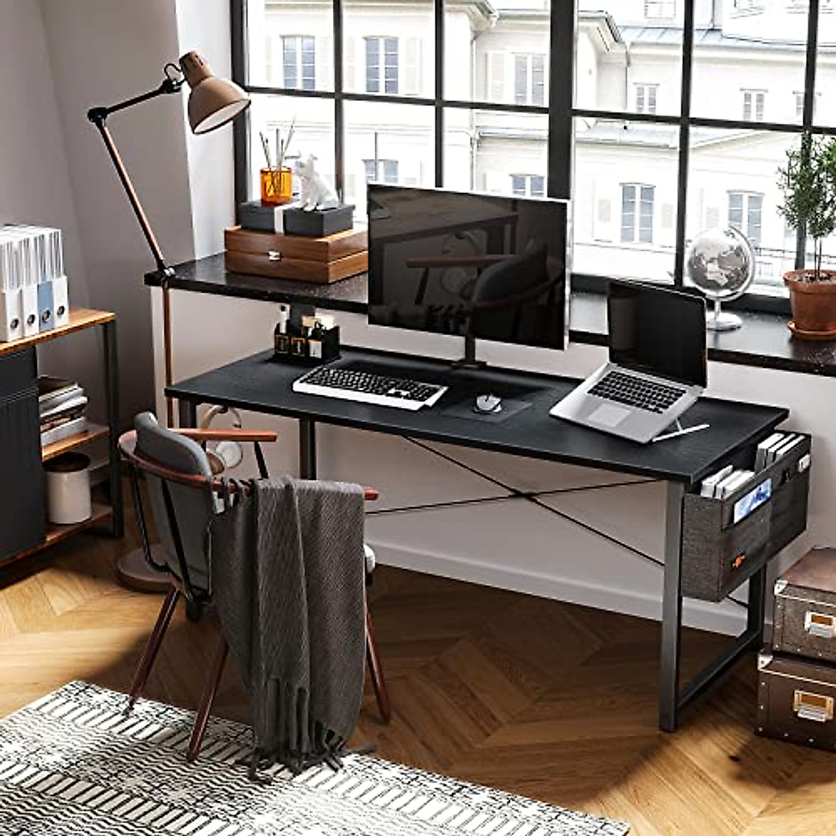 ODK 63 inch Super Large Computer Writing Desk Gaming Sturdy Home Office Desk, Work Desk with A Storage Bag and Headphone Hook, Black