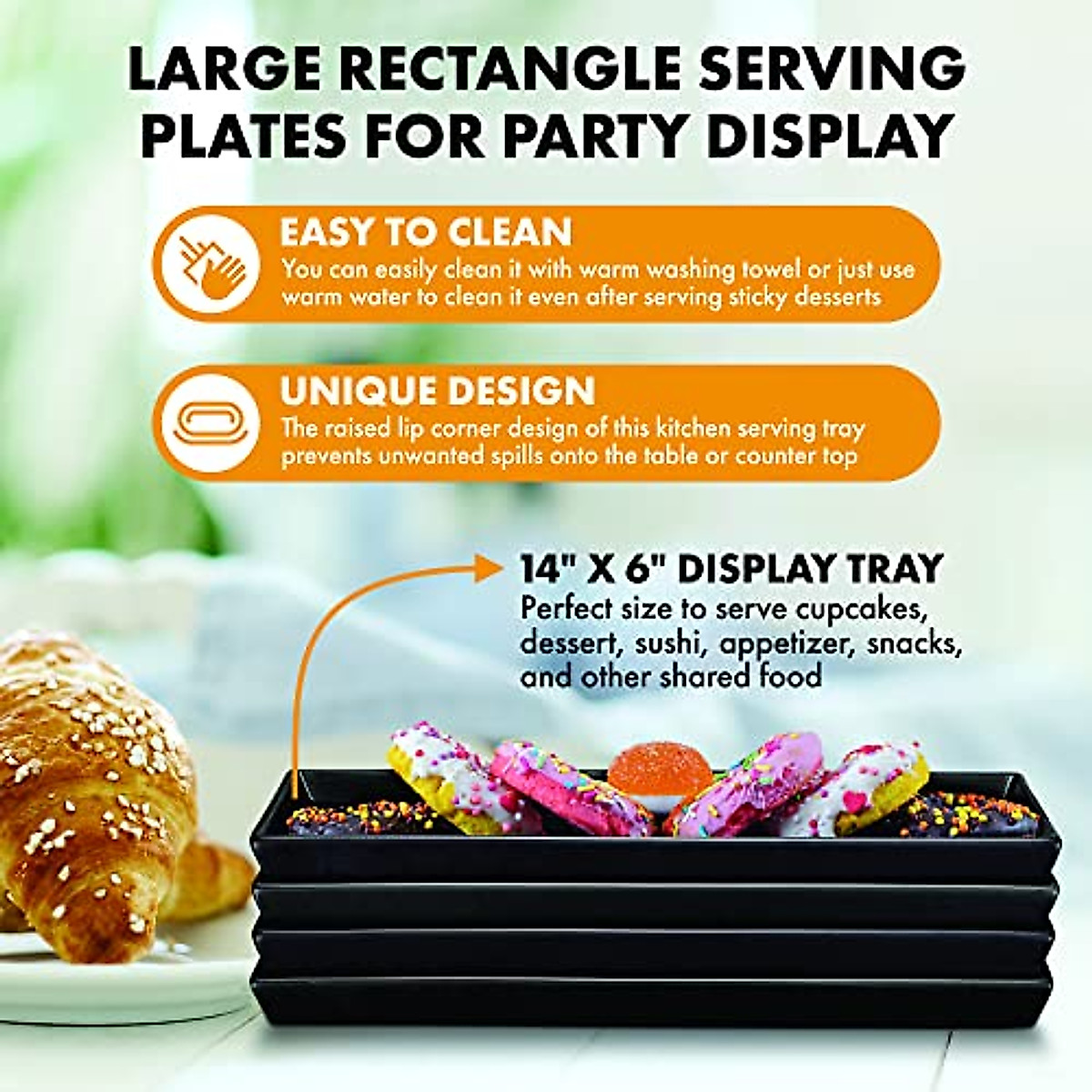 Bruntmor Matte Black Ceramic Serving Platters (14 X 6 Inch Rectangle Plates) Serving Dishes for Entertainment, Food Appetizers, Deserts, Starter, Charcuterie, Sushi Set of Party Tray - Set of 4