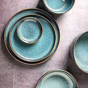 Kitchen DinnerwareFine Dinnerware Set,Porcelain Dinnerware Set, Ceramic Plates and Bowls Sets, Modern Creativity Vintage Lounge Round Reactive Glaze Stoneware Dishes Set for Kitchen/Dining, Blue,Serv
