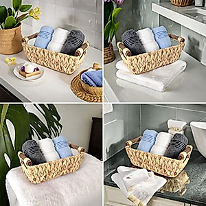 ADO Basics Water Hyacinth Hand Woven Basket with Stain Resistant Polished Wooden Handles, Storage Wicker Baskets 12" Length, 6.29" Width, 4.25 Height, Set of 2