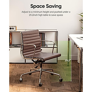 Ribbed Office Chair, Mid Back Top Black Grain Leather Desk Chair, Swivel Chair Adjustable Ergonomic Computer Desk Chair with Aluminium Alloy Frame and Silent Nylon Wheels