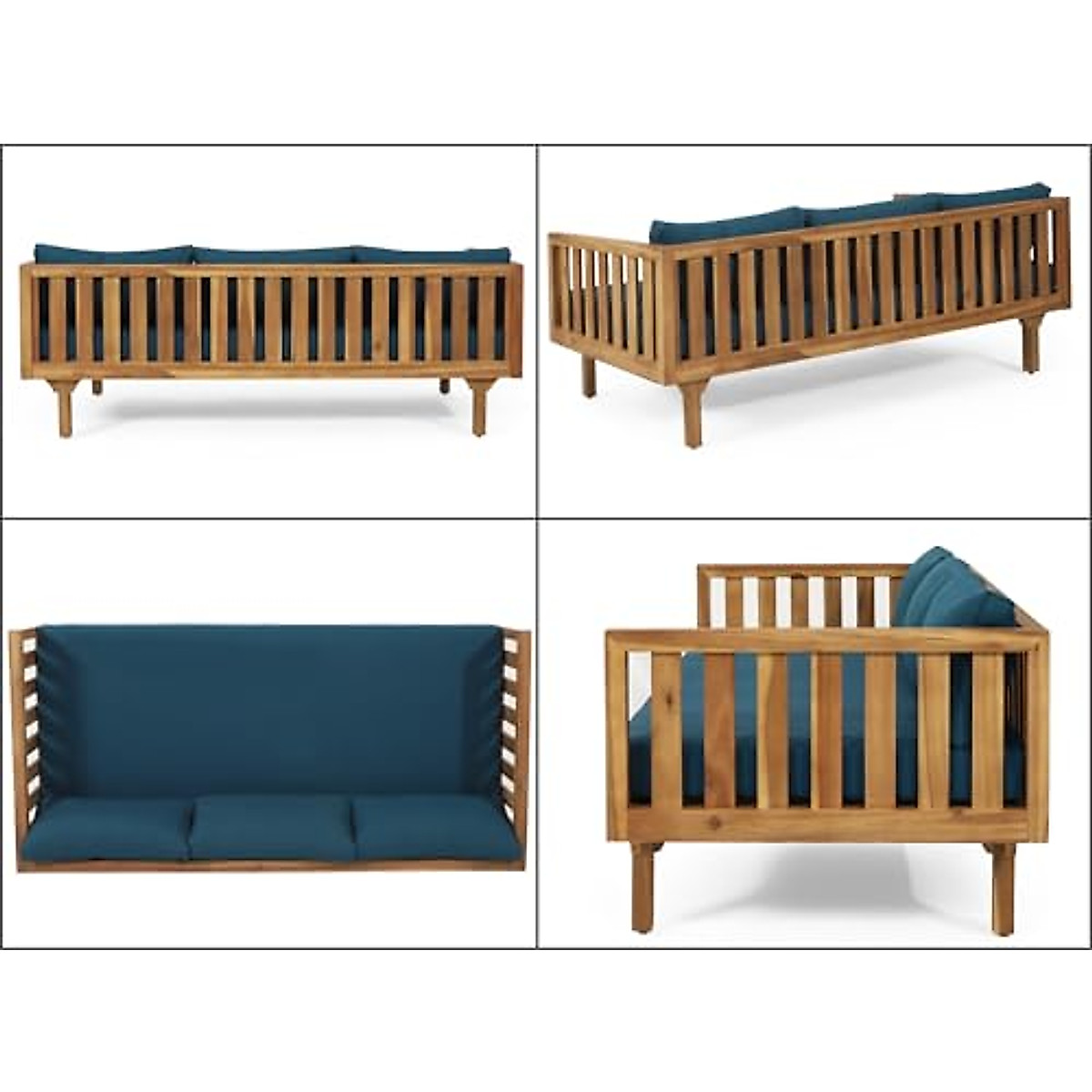 Merax Outdoor 3 Seater Daybed, Acacia Wood Day Bed Couch Sofa with Cushions for Patio Backyard, Garden, Blue