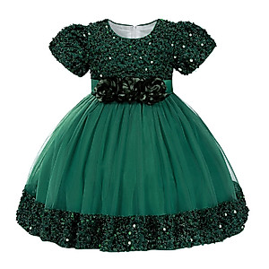 AGQT Toddler Girls Sequin Tutu Dress Big Bow-Knot Princess Short Sleeve Dress Sequin Dress for Babies Lace Birthday Party Elegant Formal Dress Green Size 12-18 Months