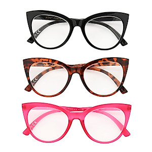 Betsey Johnson Women's Plaid 3 Pack Reading Glasses Cat Eye, Black, Tortoise, Magenta, 1.5X + 1.5