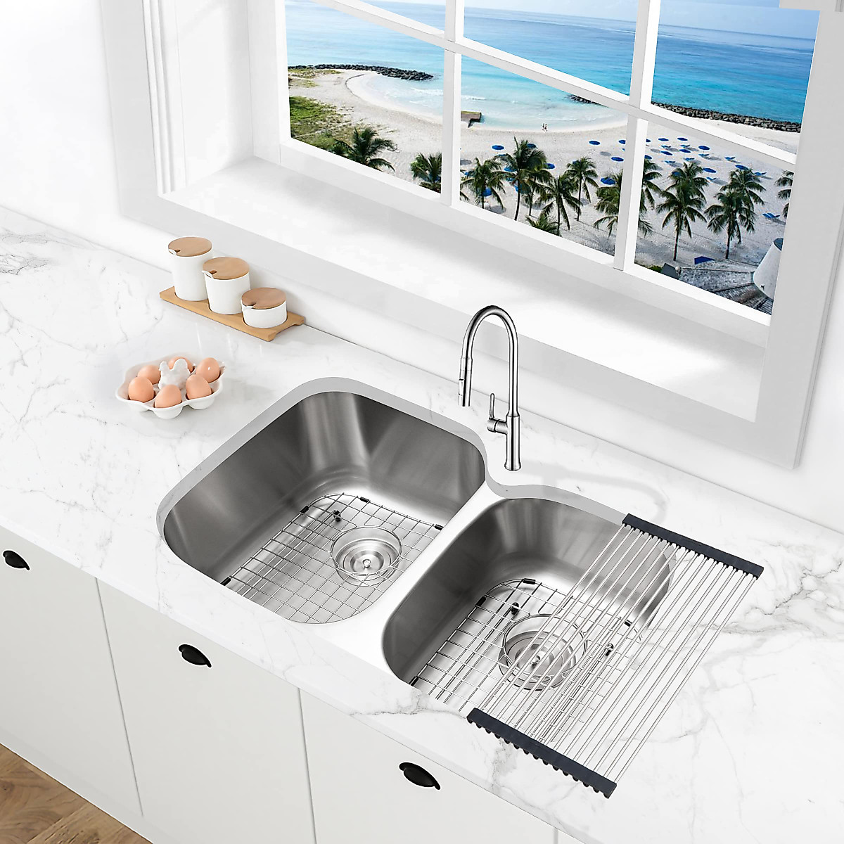 KABCO 32 Inch Big Double Unequal Bowl Stainless Steel Classic Kitchen Sink, Rust Resistant, Sound and Heat Proof 18 Gauge Undermount Sink with Sink Strainers, Sink Grids and rolling up grid