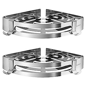 Shower Caddy Corner Bathroom Shelf with Hooks Shower Organizer No Drilling Wall Mounted Basket Rustproof Storage Rack with Adhesive for College Dorm Kitchen Toilet, 2 Pack Sliver