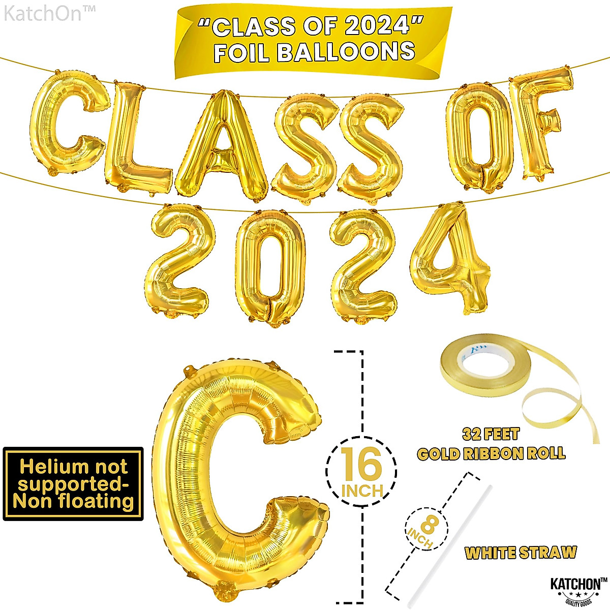 KatchOn, Gold Class of 2024 Balloons - 16 Inch | Graduation Balloons for Graduation Decorations Class of 2024 | Class of 2024 Decorations, Graduation Balloons Class of 2024 | Graduation Decorations