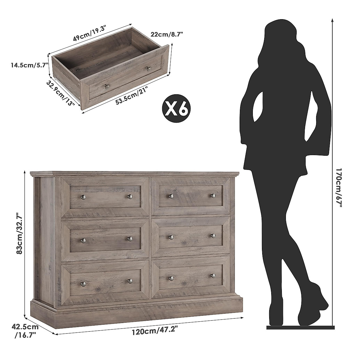 FACBOTALL Modern 6 Drawer Double Dresser, Wood Dresser Chest, Wide Chest of Drawers with Deep Drawers & Mental Double Handles for Hallway Living Room, Wash Gray