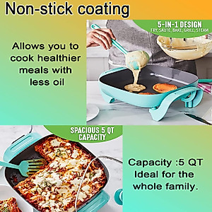 Electric Skillet Ceramic Nonstick 5QT - 12" Square with Glass Lid, Adjustable Temperature Control, Dishwasher Safe, Turquoise, Nozaya