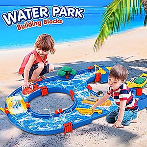VATOS Water Toy for Kids,39pcs DIY Mini Water Park Building Blocks Toy on Table or Lawn,Beach, Waterway Playset with 2 Boats, for Kids in Summer Outdoor Backyard