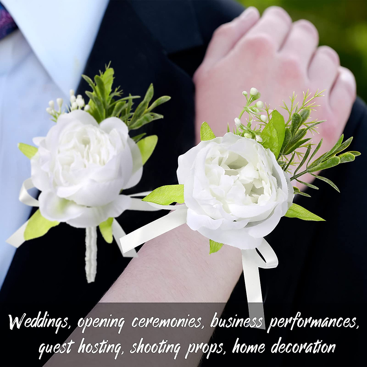 Jexine 12 Pcs Rose Wrist Corsage Wristlet Band Bracelet and Men Boutonniere Set White Flower Corsage Wrist Flowers and Boutonniere Buttonholes for Wedding Flowers Accessories Decor