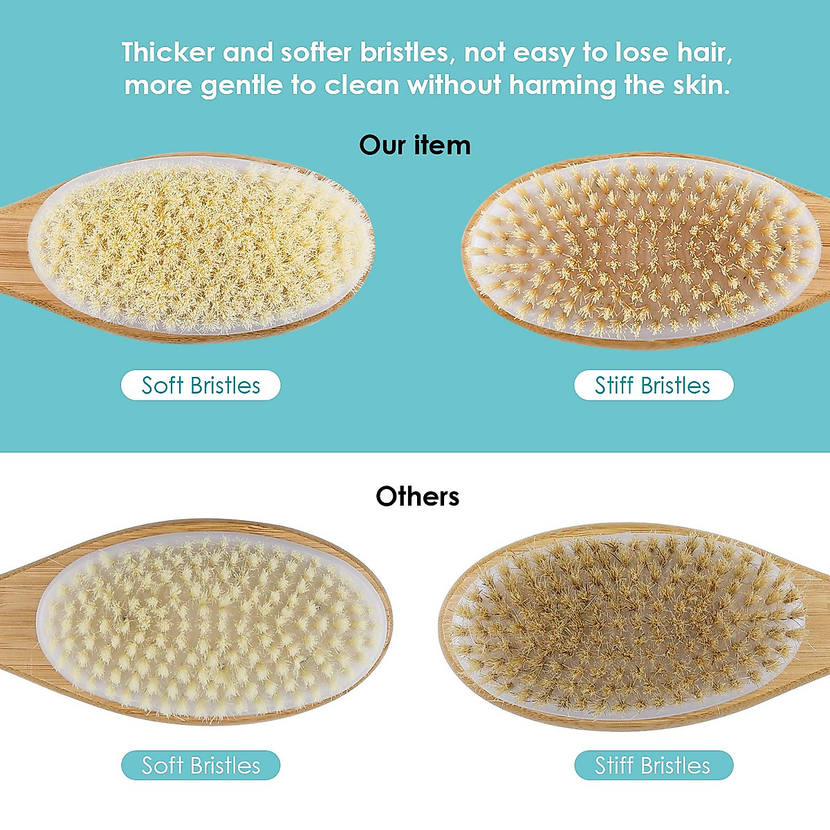 VIS'V Shower Brush, Long Handle Wooden Shower Back Brush with Soft and Stiff Bristles Dual Sided Non Slip Back Scrubber Bath Body Exfoliator Brush for Wet or Dry Brushing with Sticky Hook