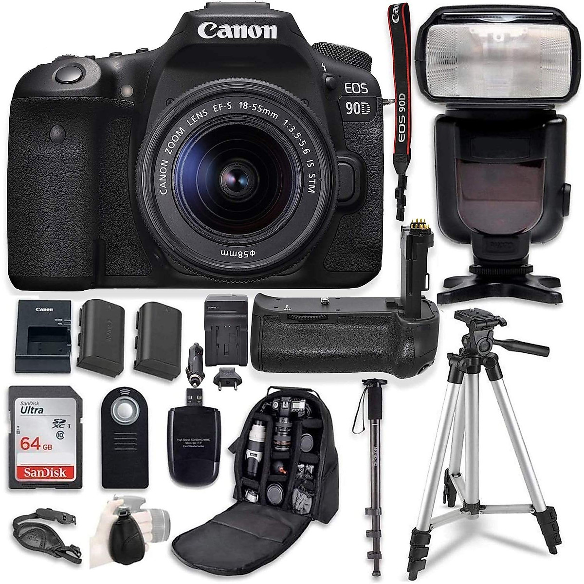 Canon EOS 90D Digital SLR Camera & 18-55mm STM Lens Bundle with Battery Grip & Professional Accessory Bundle (16 Items)