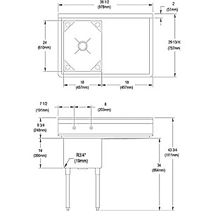 Elkay Dependabilt Stainless Steel 38-1/2" x 29-13/16" x 43-3/4" 16 Gauge One Compartment Sink w/ 18" Right Drainboard and Stainless Steel Legs