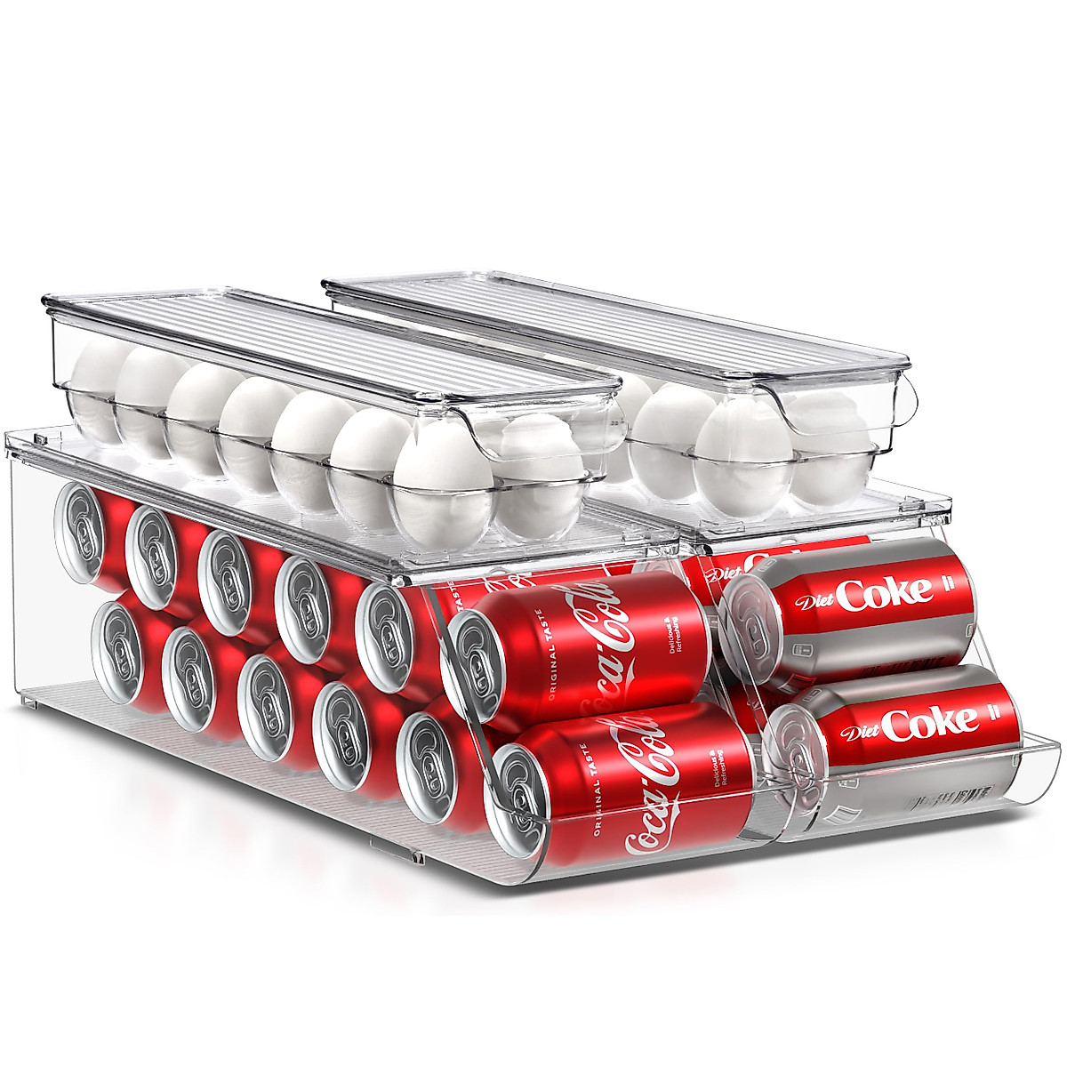 Sorbus Soda Can Organizer for Refrigerator & Egg Holder for Fridge Set, 2 Stackable Can Holder Dispenser Holds 12 Cans Each & 2 Egg Holders with Lid holds 14 eggs for Fridge, Pantry, Freezer, BPA-Free