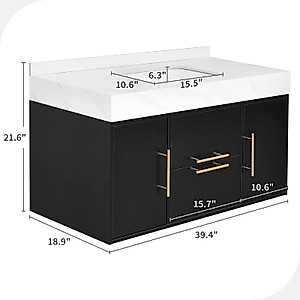 HERNEST Black Floating Bathroom Vanity 40 Inch Wall Mounted Bathroom Vanity with Rock Panel Tabletop and Ceramic Basin Sink Bathroom Cabinet with 2 Drawers and 2 Storage Cabinet for Washroom