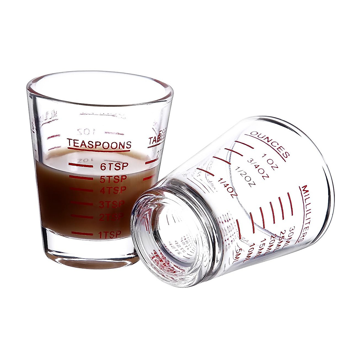 Shot Glasses Measuring cup Liquid Heavy Glass Wine Glass Espresso Shot Glass-Incremental Measurement 1oz, 6 Tsp, 2 Tbs, 30ml (2 pack)(red)