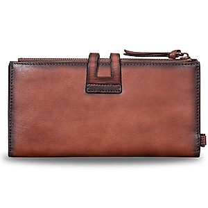 Genuine Leather Wallet Vintage Handbag Cowhide Long Purse Money Clip Card Case Organizer with Hand Strap (Coffee)