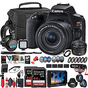 Canon EOS Rebel SL3 DSLR Camera with 18-55mm Lens (Black) (3453C002) + 4K Monitor + Canon EF 50mm Lens + Mic + Pro Headphones + 2 x 64GB Card + Color Filter Kit + Case + Filter Kit + More (Renewed)