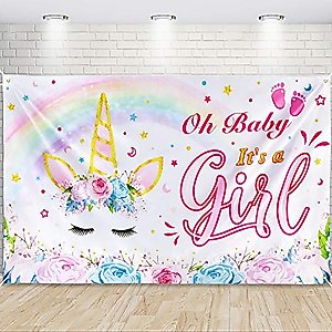 Unicorn Baby Shower Backdrop 73'' x 43'' - Pink Floral Unicorn Backdrop for Girls Party Decorations Colorful Rainbow Unicorn It's a Girl Banner Large Photo Background Wall Decor