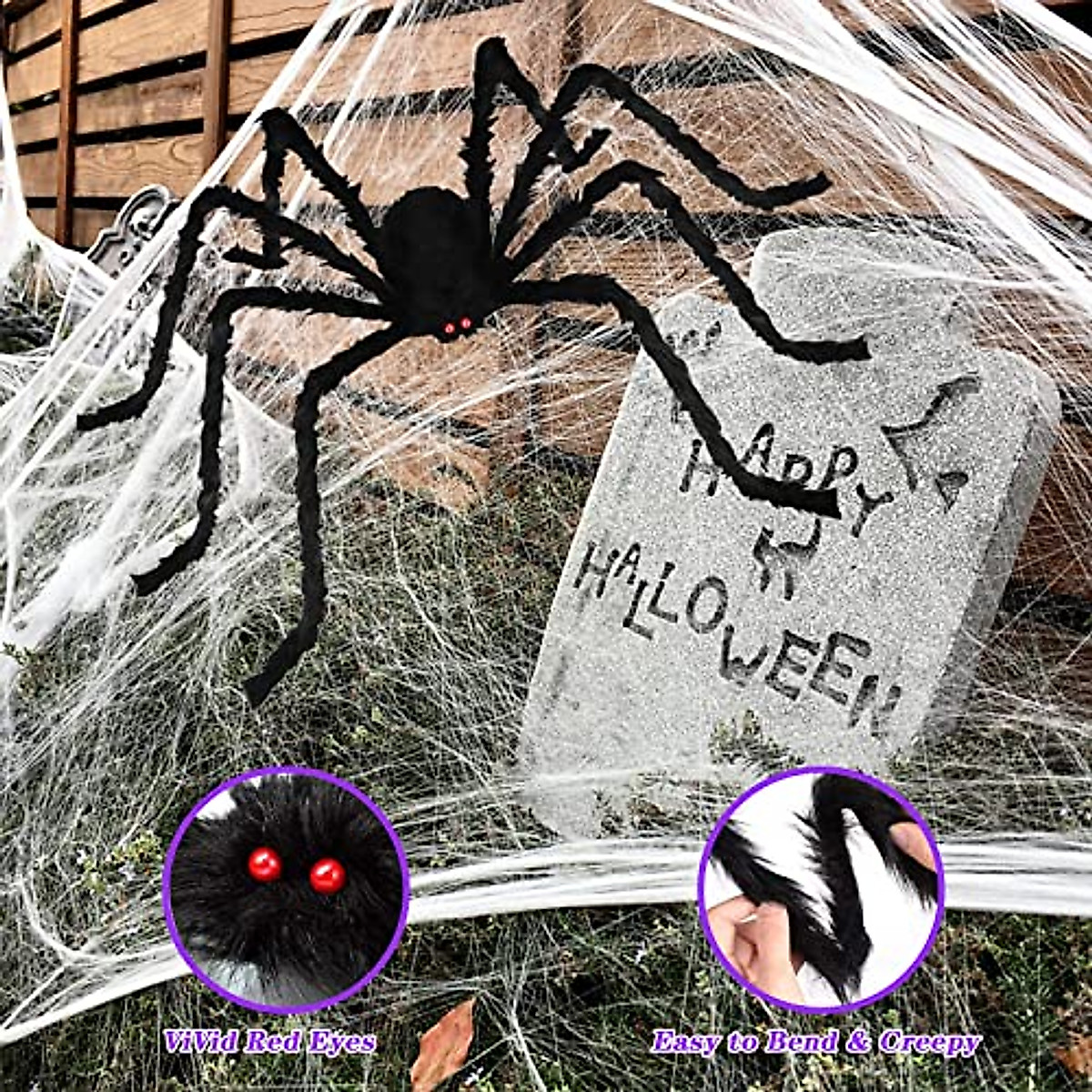 MACTING Halloween Spider Web Decorations Outdoor, 16.4FT Giant Spider Web Lights & 79" Large Spider & 40 Small Black Spiders & 40g Stretch Cobweb for Scary Outside House Yard Haunted Mansion Decor