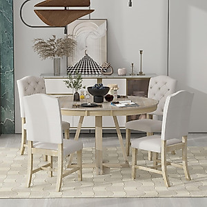 Bellemave Extendable Dining Table Set for 4, 5-Piece Round Table Set with 4 Chairs, Circle Table with Upholstered Chairs, Oval Kitchen Table Set with Extendable Table for Dining Room and Kitchen