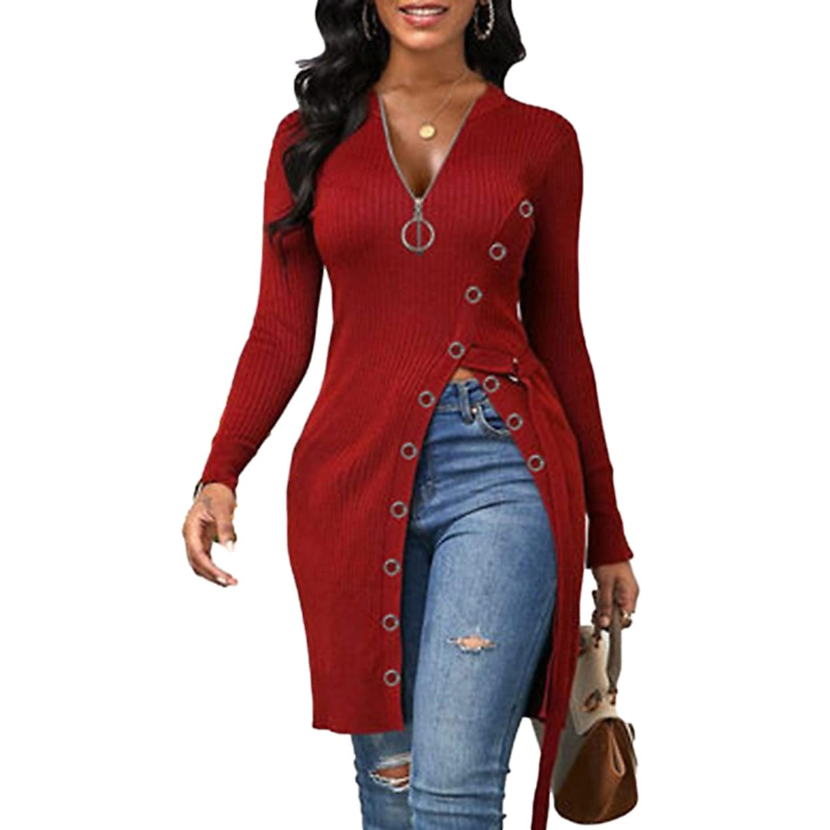 Omoone Women's Sexy Vneck Tshirts Tops Half Zip Long Sleeve Sweater Dress High Split Shirt Blouses Knitted Pullover Top (2868-Red-XL)