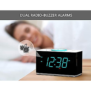 Emerson ER100401 Smartset 15Watt Ultra Fast Wireless Charging Dual Alarm Clock Radio with Bluetooth Speaker, USB Charger, Cyan LED Night Light and 1.4" Display